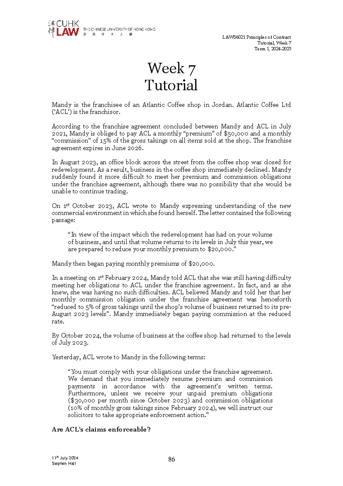 Tutorial Week 7 - LAWS6021 Principles of Contract Tutorial, Week 7 Term 1, 2024 - 2025 11 th ...