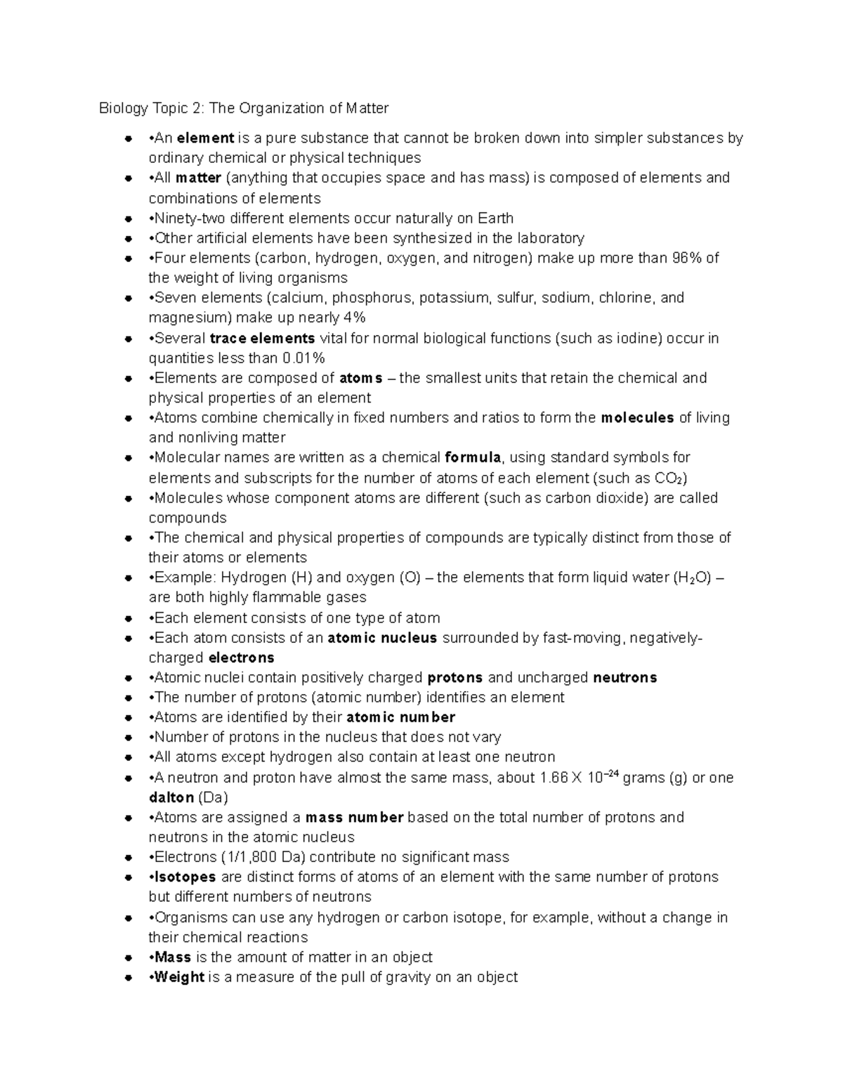 Biology Topic 2 The Organization of Matter - Biology Topic 2: The ...