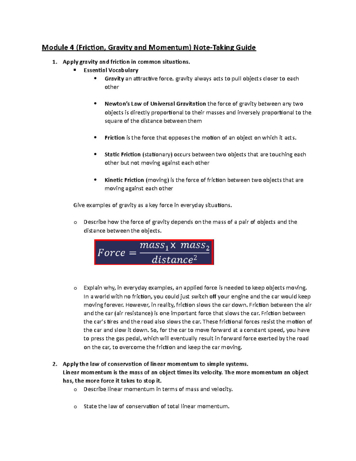 C165 module 4 (friction, gravity, and momentum) note-taking guide ...