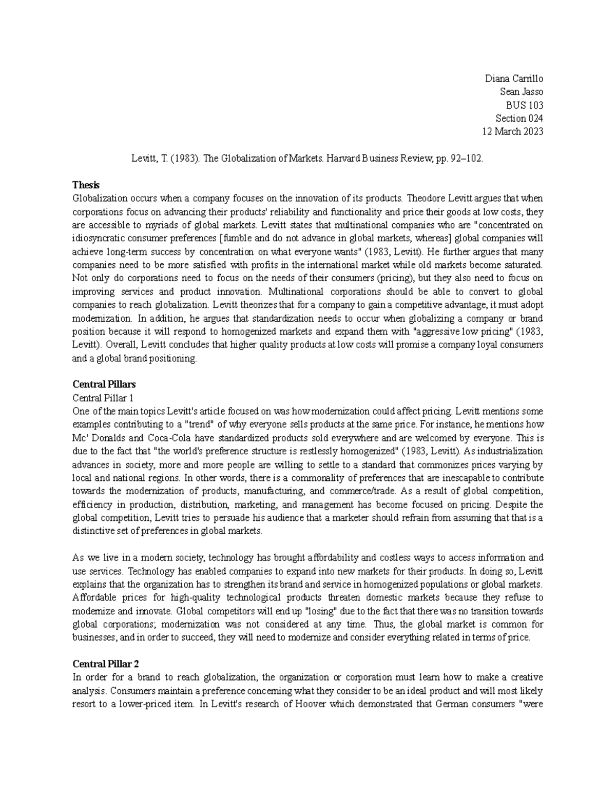 Reading Reflection "Globalization of Markets" -pdf - Diana Carrillo ...