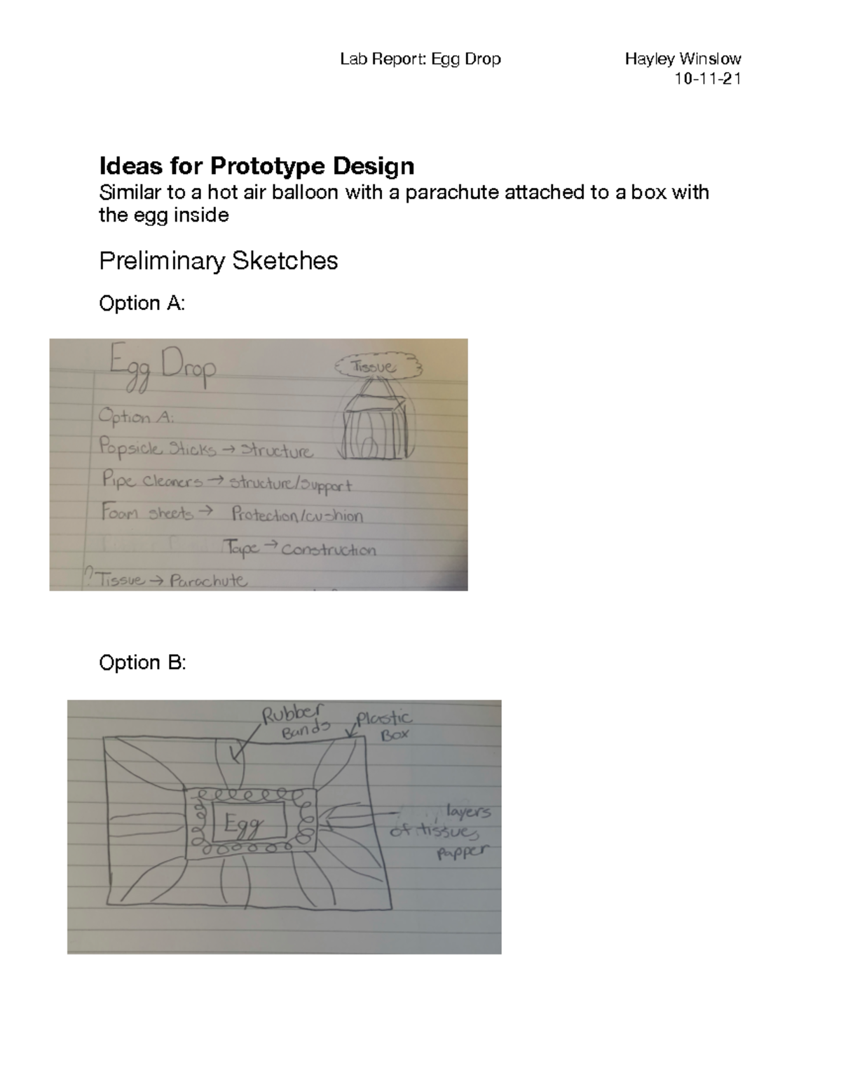 Lab Report- Egg Drop - 10-11- Ideas for Prototype Design Similar to a ...