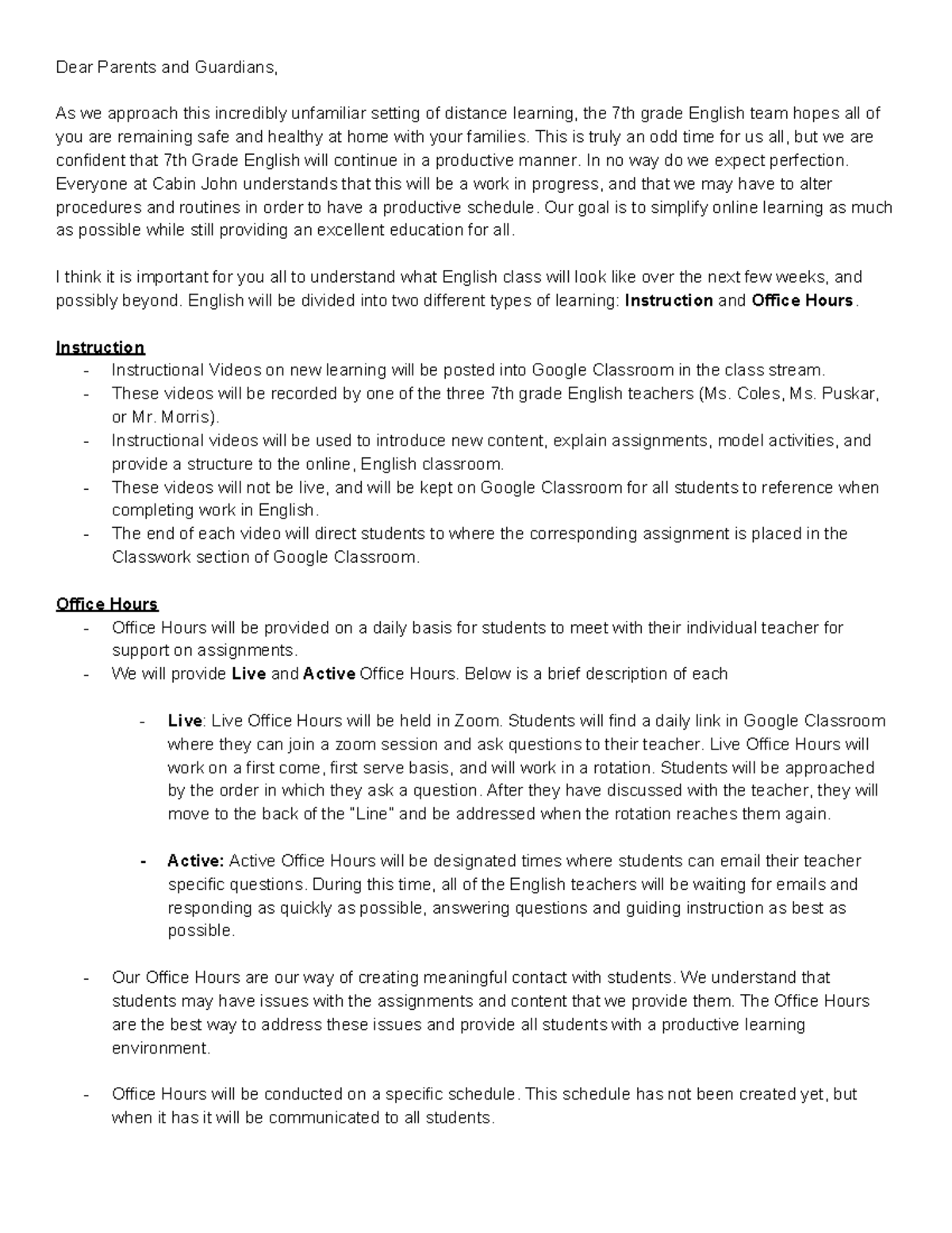 7th Grade English Distance Learning - Dear Parents and Guardians, As we ...