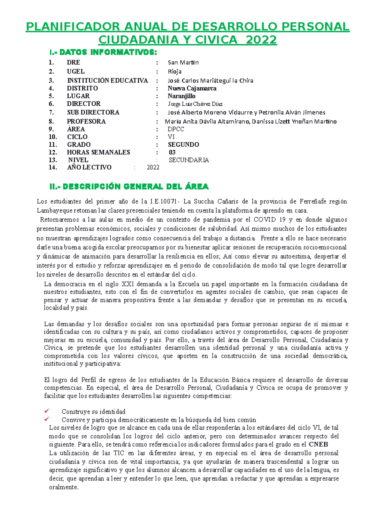 PLAN Anual DPCC 2° 2022 - Bueno - PLANIFICADOR ANUAL DE DESARROLLO ...