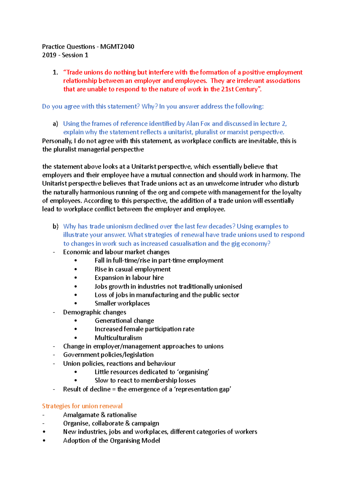 Practice Questions MGMT2040 - Practice Questions - MGMT 2019 - Session ...