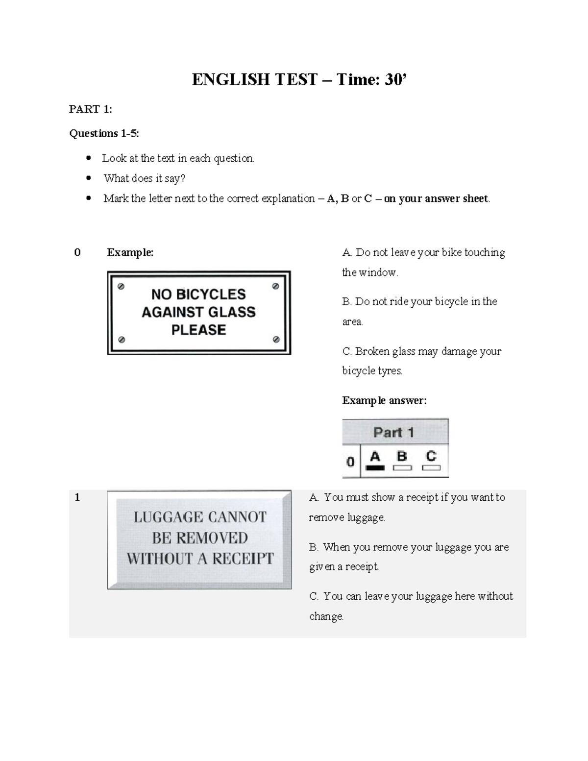 Reading Practice 1 - ST3 - ENGLISH TEST – Time: 30’ PART 1: Questions 1 ...