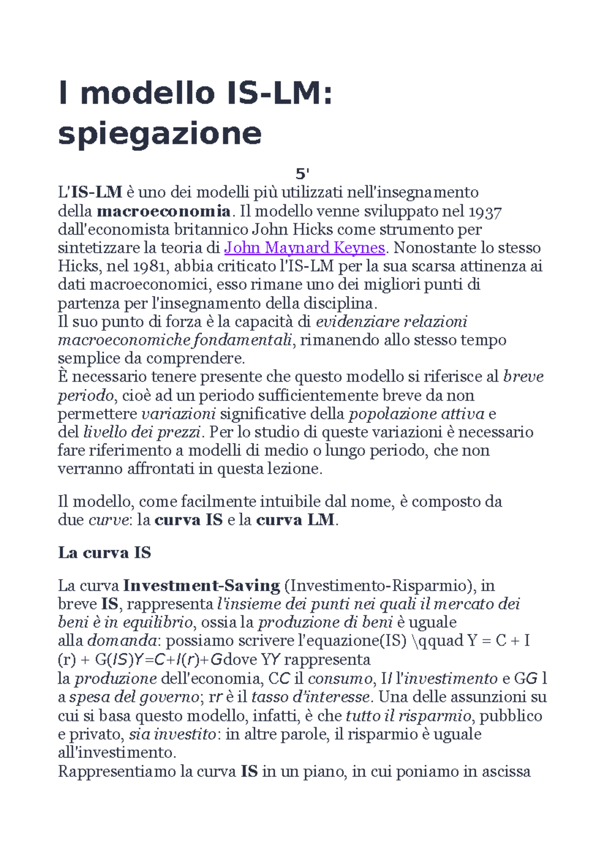 Curva is-lm - l modello IS-LM: spiegazione 5' L' IS-LM è uno dei ...
