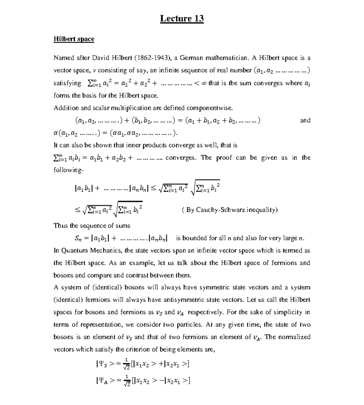 Lec13 - Lecture notes 13 - – Lecture 13 Hilbert space Named after David ...