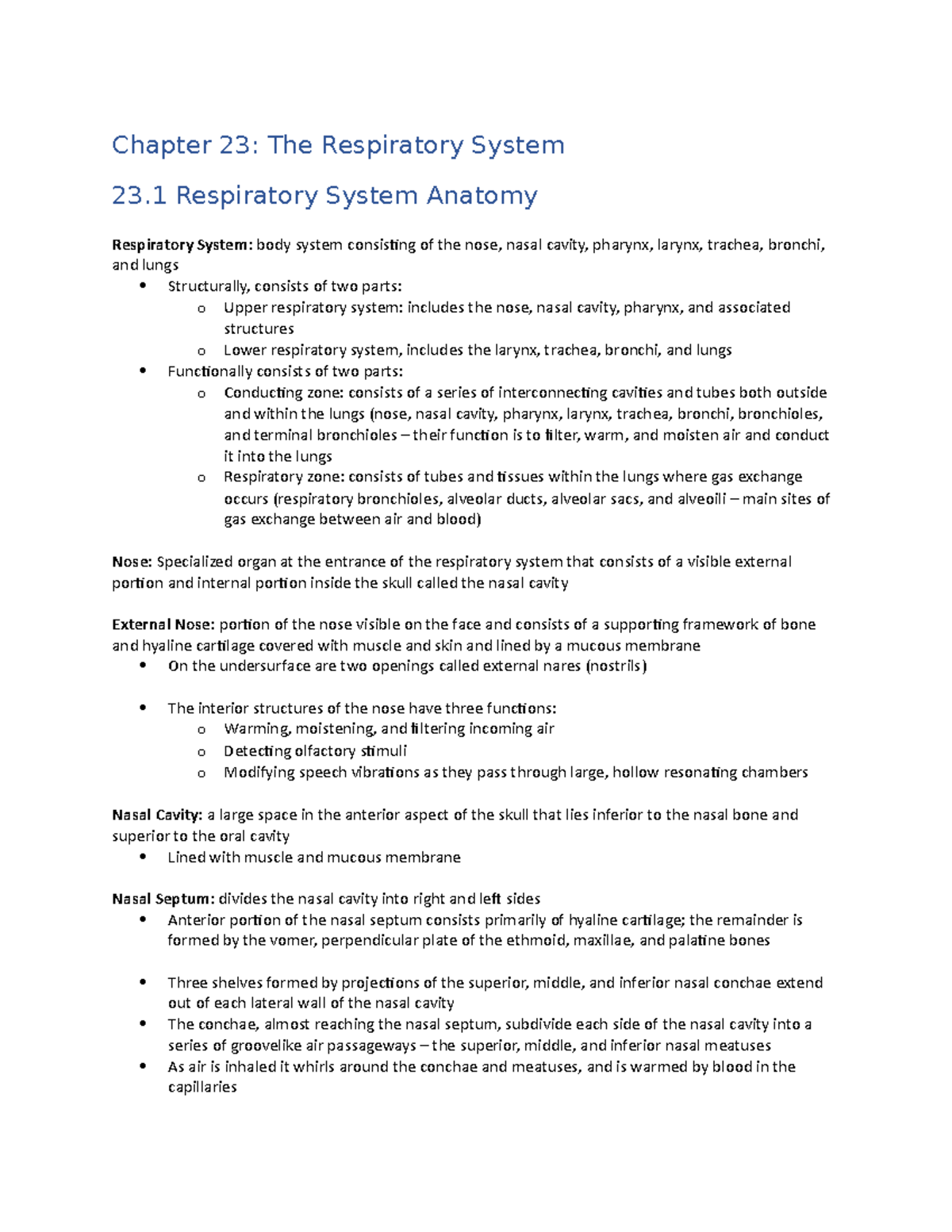 Chapter 23 Summary - Chapter 23: The Respiratory System 23 Respiratory ...
