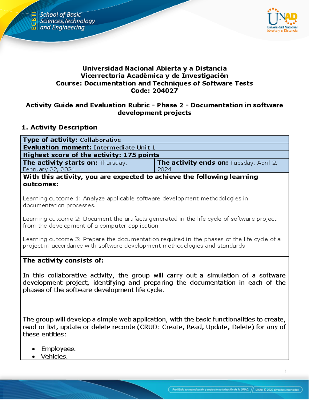 Activities guide and evaluation rubric - Unit 1-Phase 2- Documentation in software development ...
