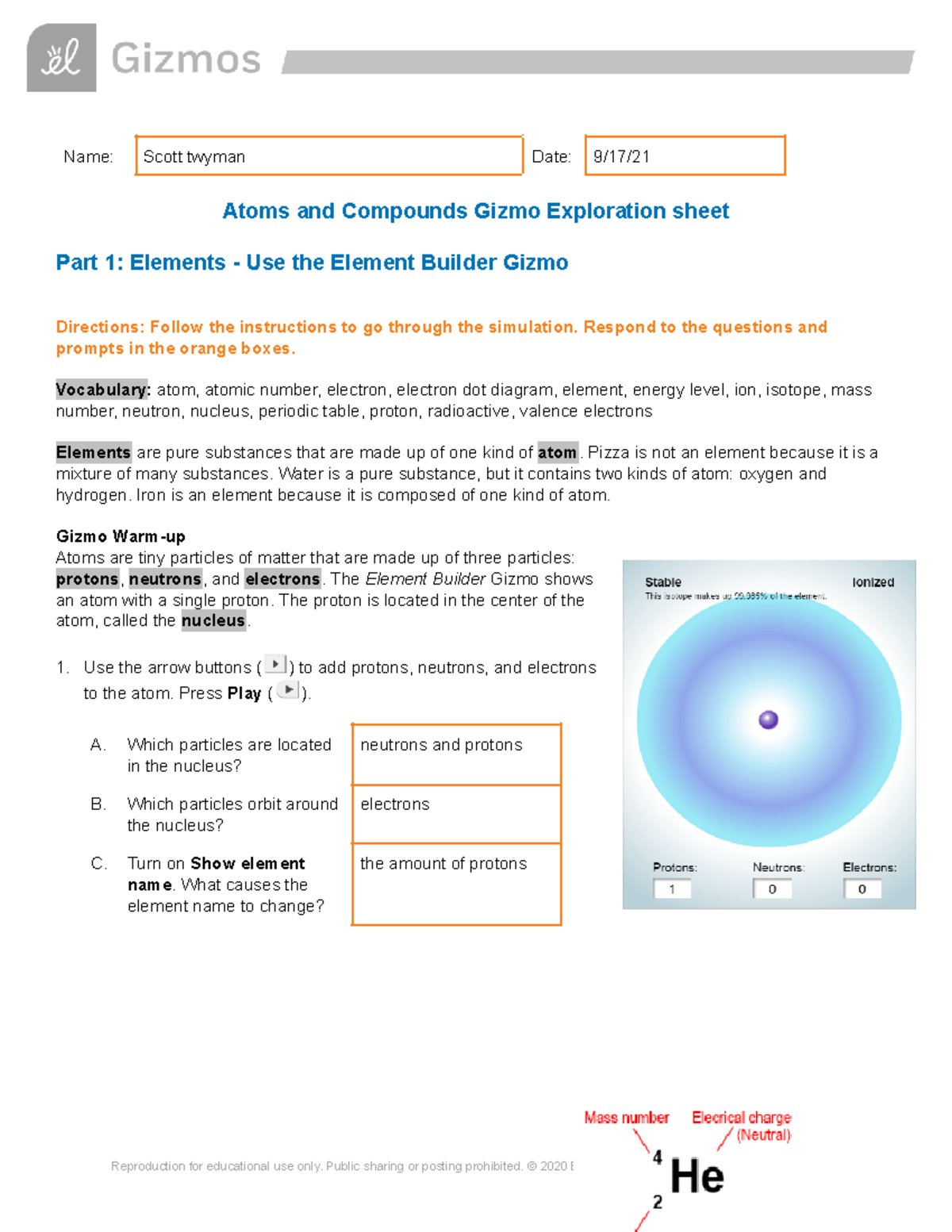 Copy of Atoms, Elements, and Compounds Gizmo Exploration sheet - Name ...