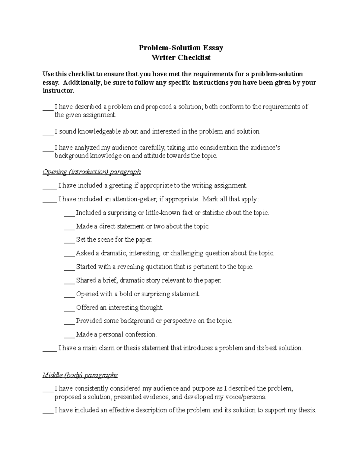 Problem-solution writer checklist - Problem-Solution Essay Writer ...