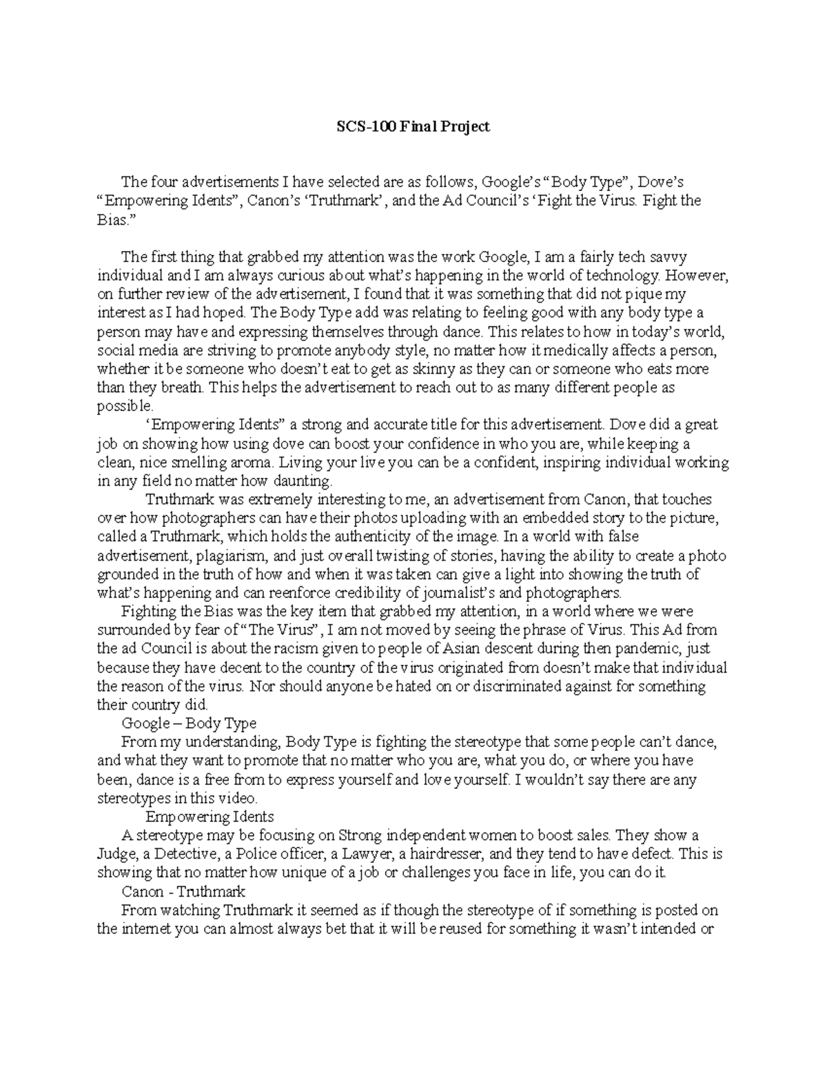 SCS Project - SCS-100 Final Project The four advertisements I have ...