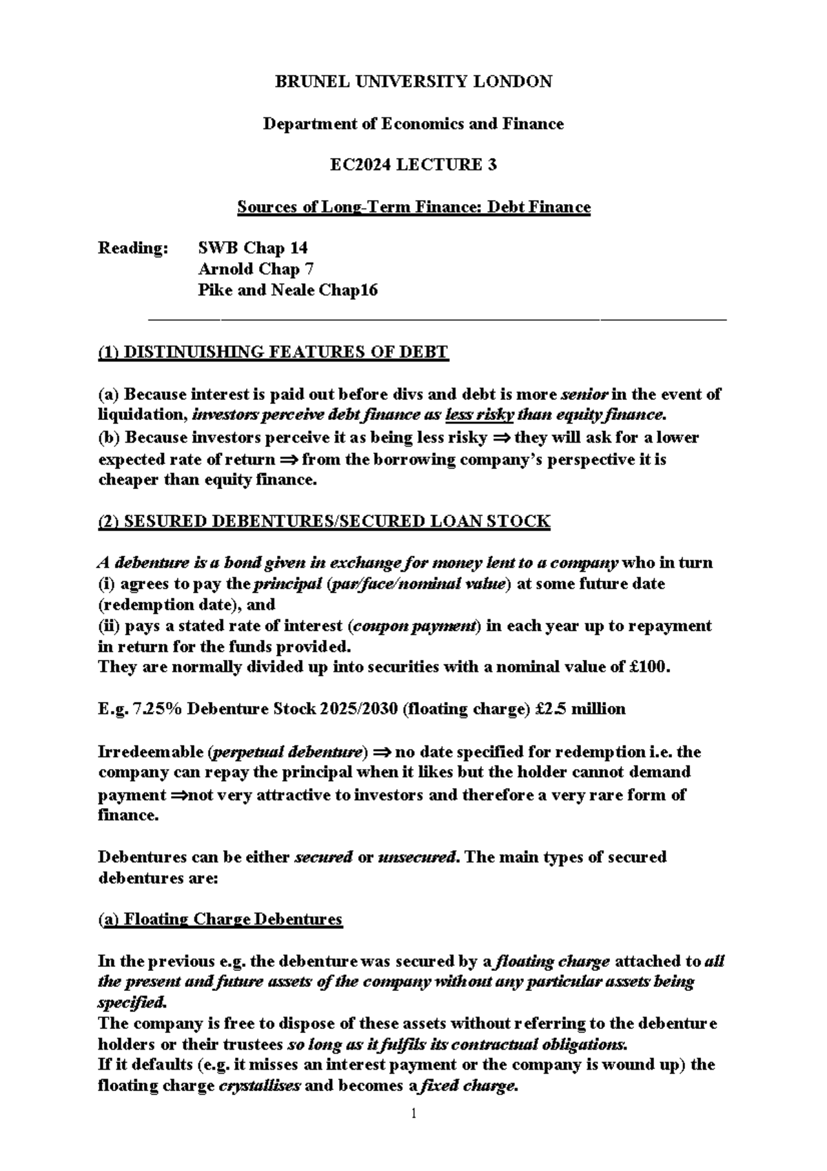 Lecture 3 - BRUNEL UNIVERSITY LONDON Department of Economics and Finance EC2024 LECTURE 3 ...