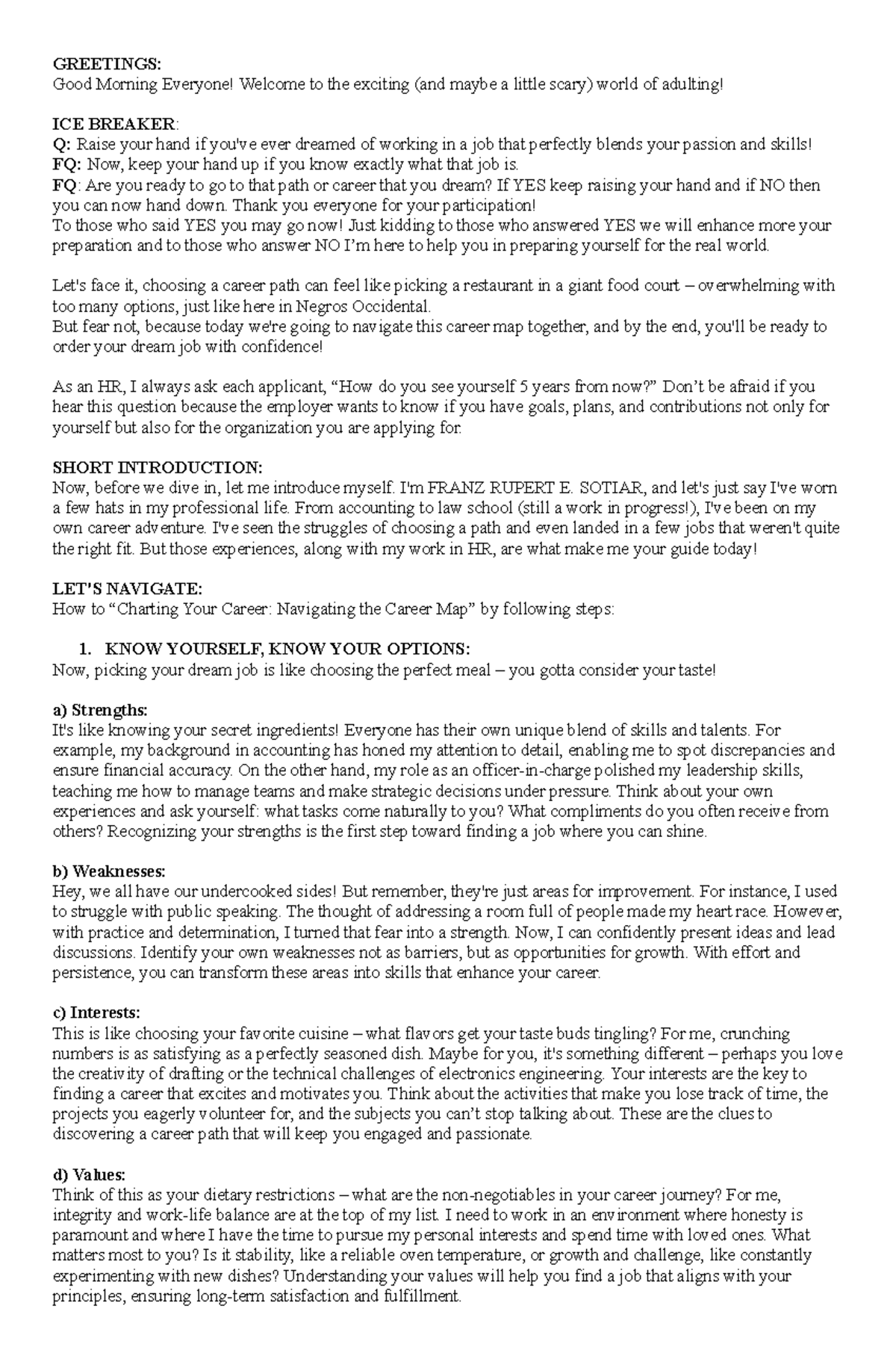 Charting your Career Navigating the Career Map - GREETINGS: Good ...