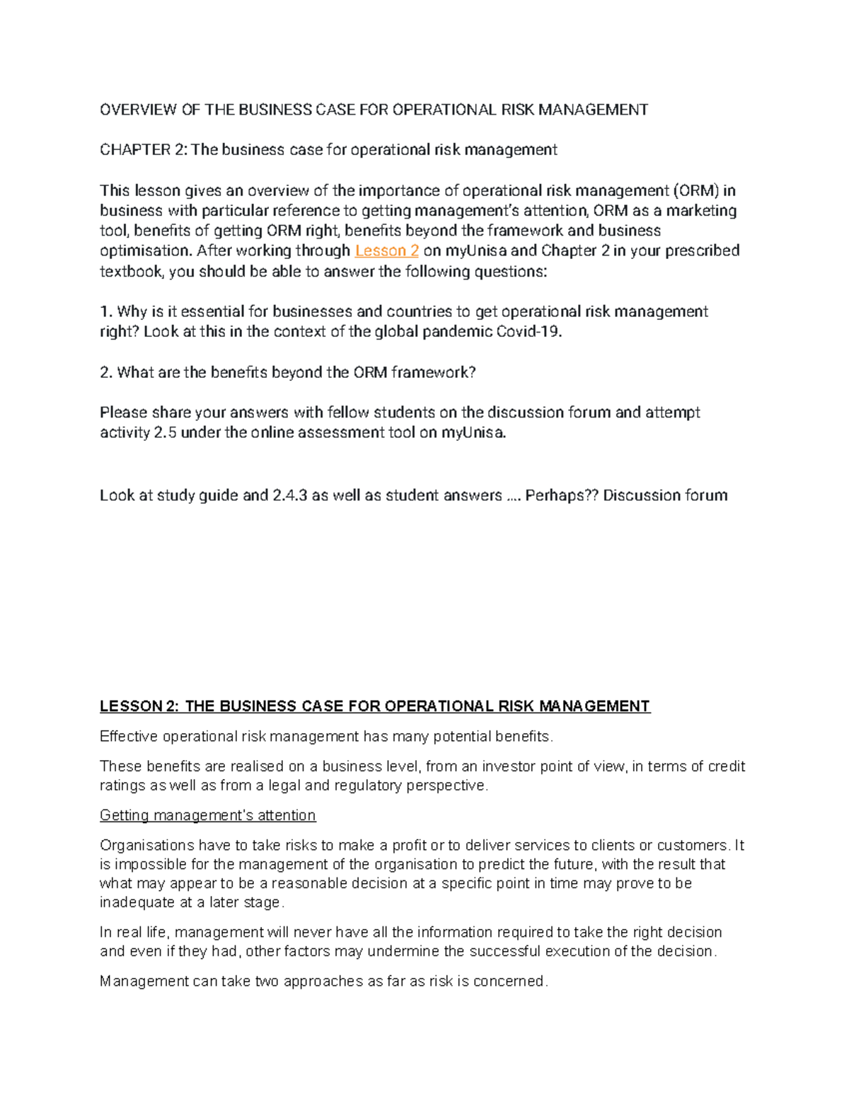 Risk lesson 2 RSK4801 - OVERVIEW OF THE BUSINESS CASE FOR OPERATIONAL ...