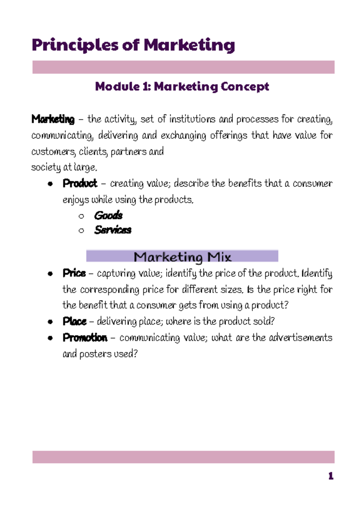 Principles OF Marketing [SHS] - Principles of Marketing Module 1: Marketing Concept Marketing ...