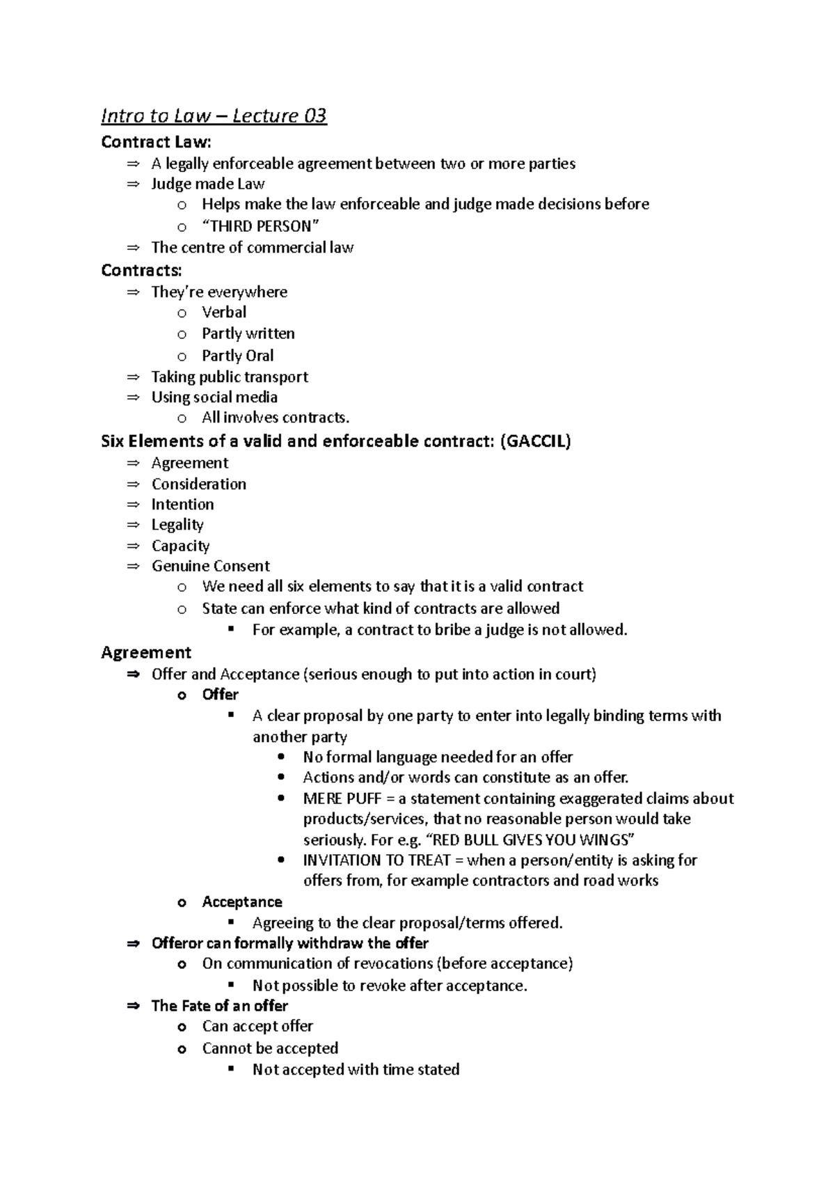 Introto Law 03 - lecture notes for semeseter - Intro to Law – Lecture ...