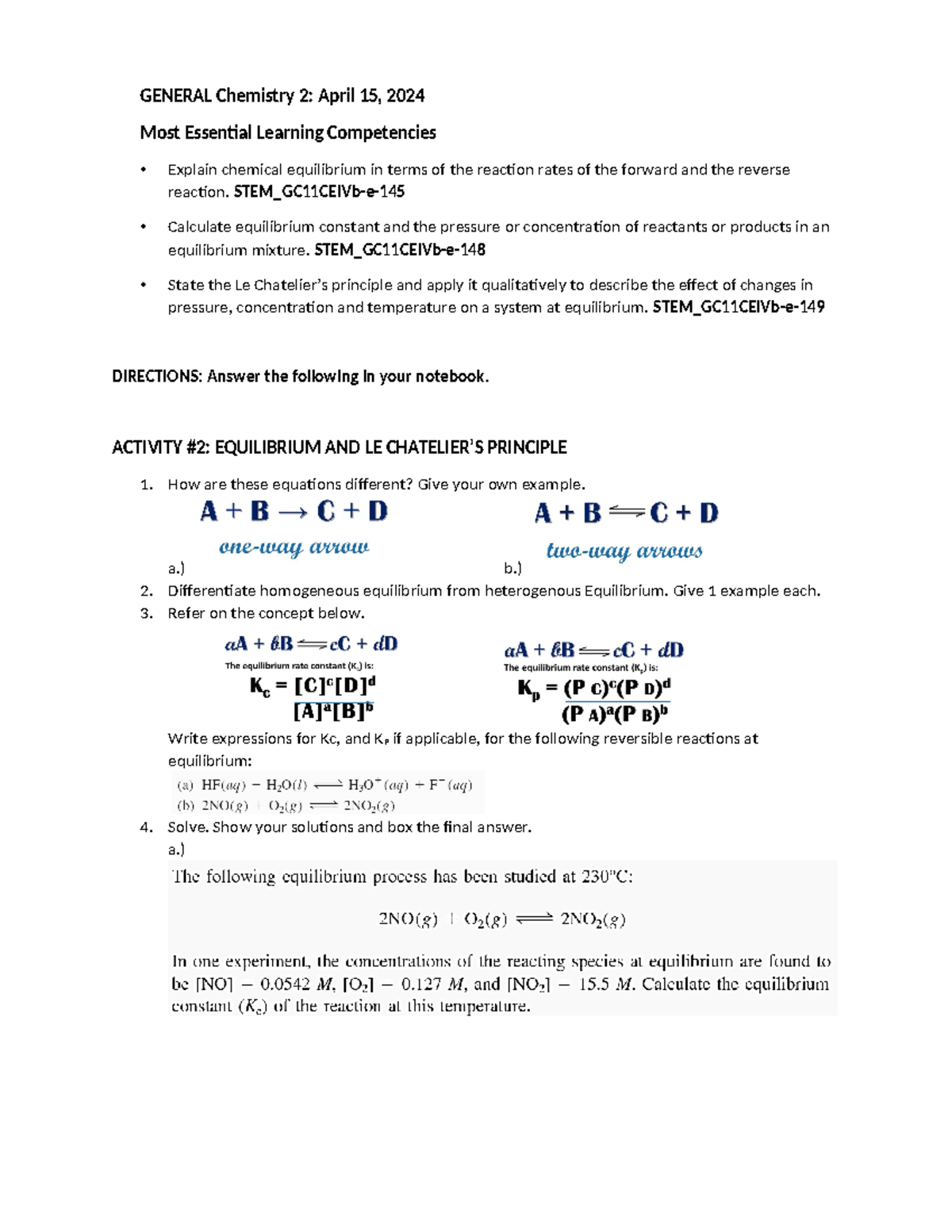 Activity on Chemical Equilibrium Concept and Solving - GENERAL ...