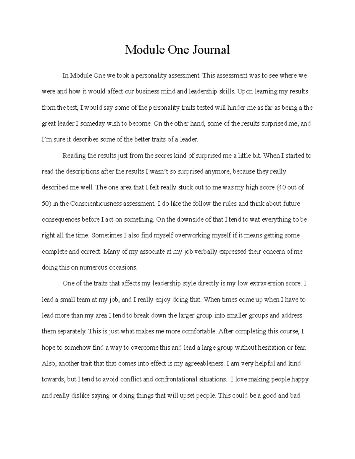Module One Journal - This assessment was to see where we were and how ...