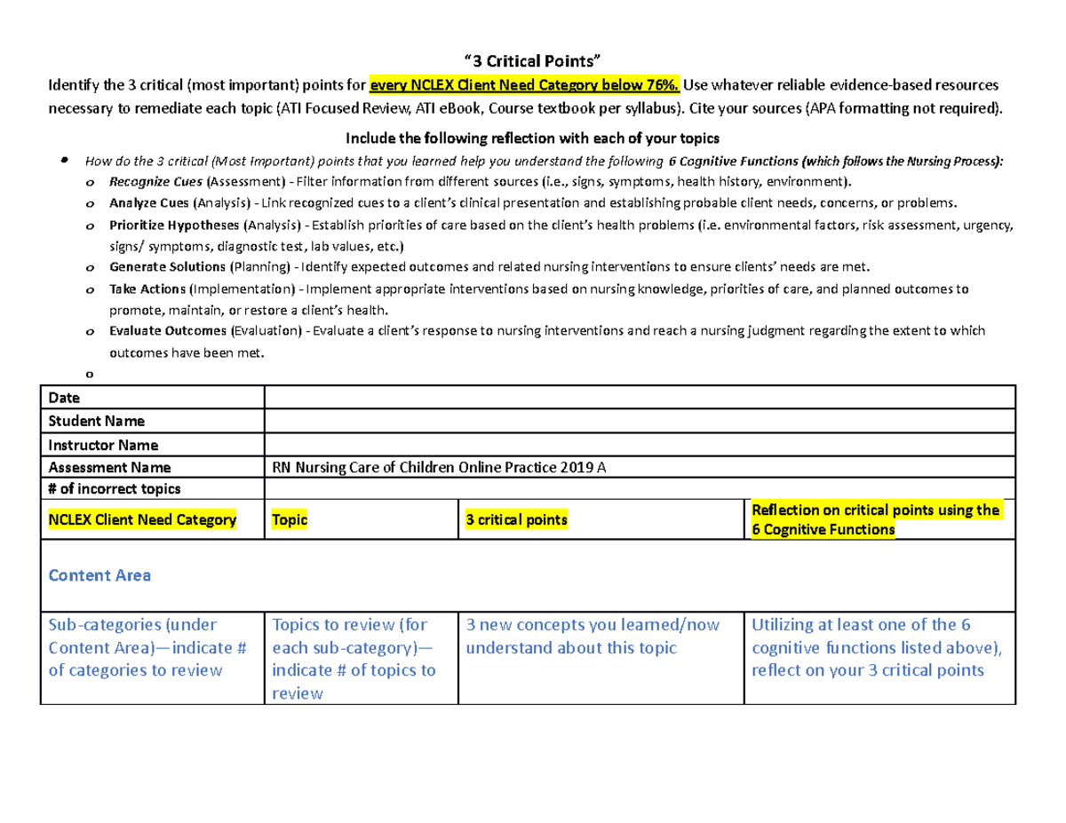 proctor remdiation - “3 Critical Points” Identify the 3 critical (most ...