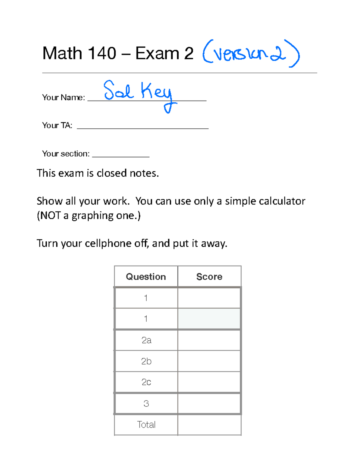 Test 2 v.2 practice Key - professor Alejandro Andreotti - Math 140 ...