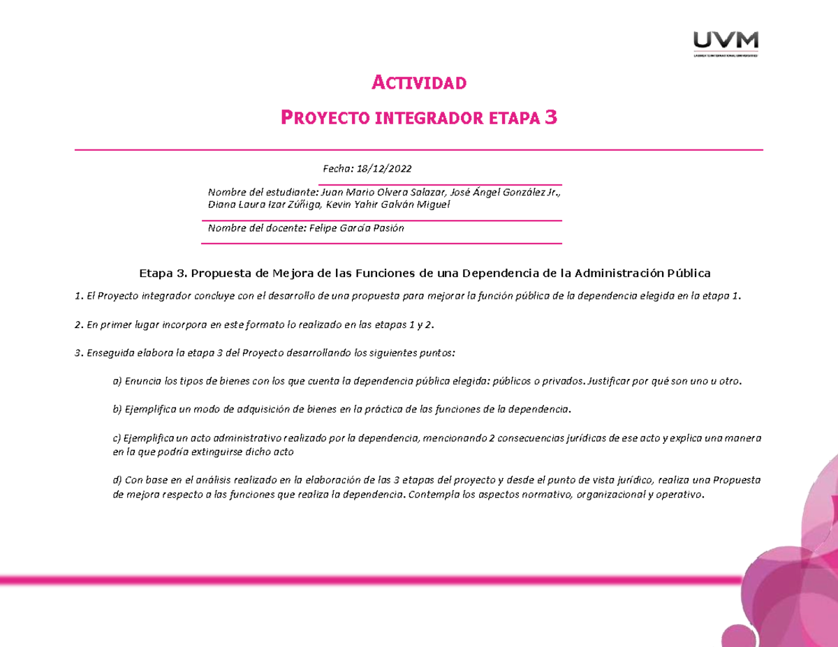 Proyecto Integrador 3 administracion publica - ACTIVIDAD PROYECTO INTEGRADOR ETAPA 3 Fecha: 18 ...
