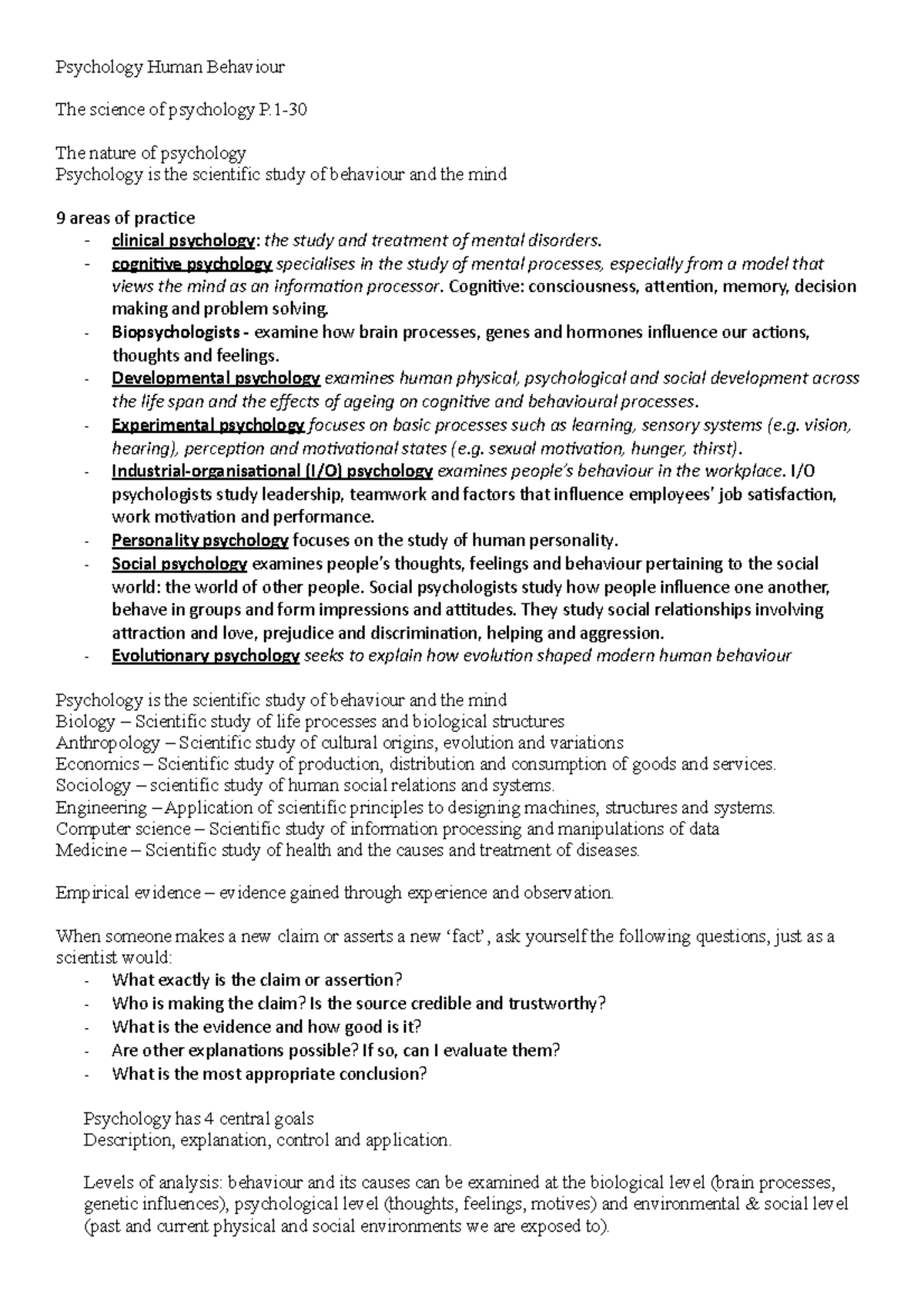 101184 Psychology Human behaviour weekly notes - Psychology Human ...