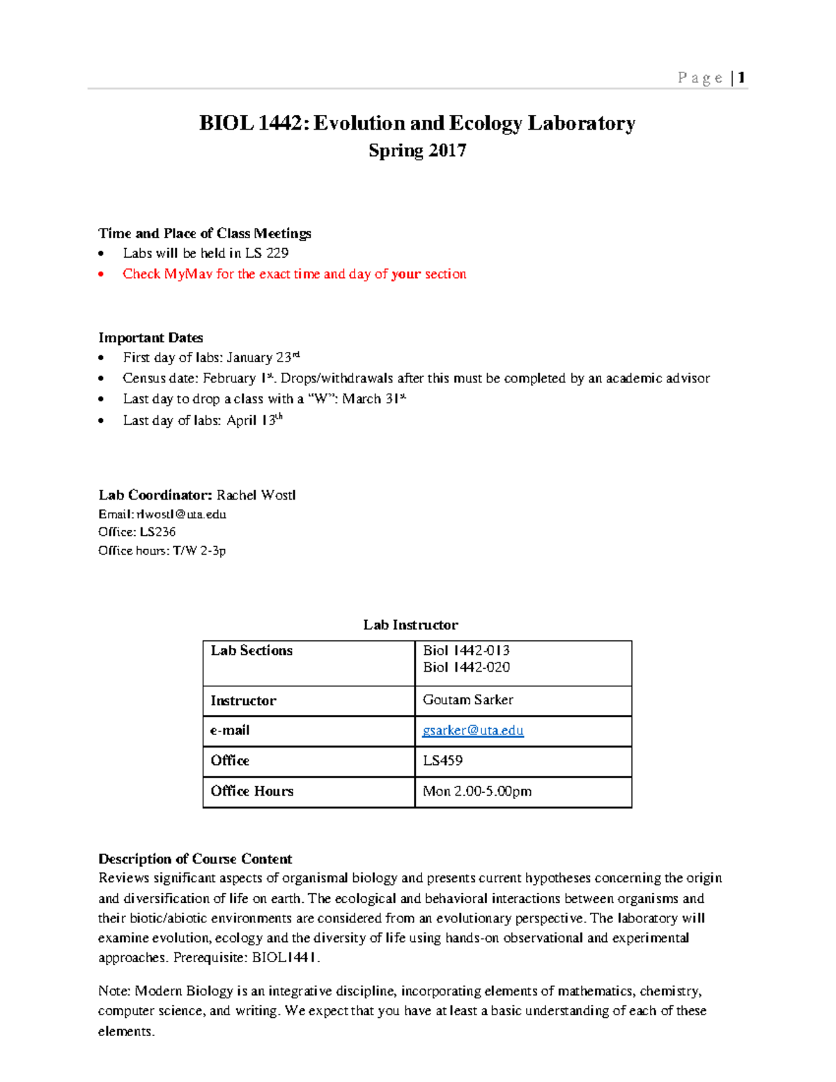 BIOL 1442 Lab Syllabus SP17 - BIOL 1442: Evolution and Ecology ...