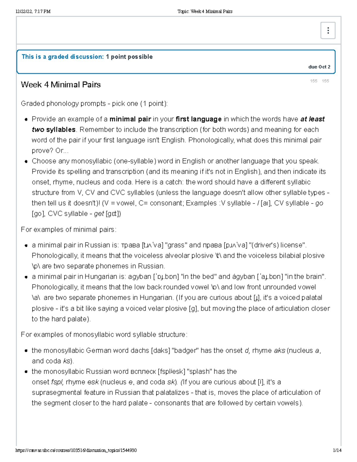 Topic Week 4 Minimal Pairs - This is a graded discussion: 1 point ...