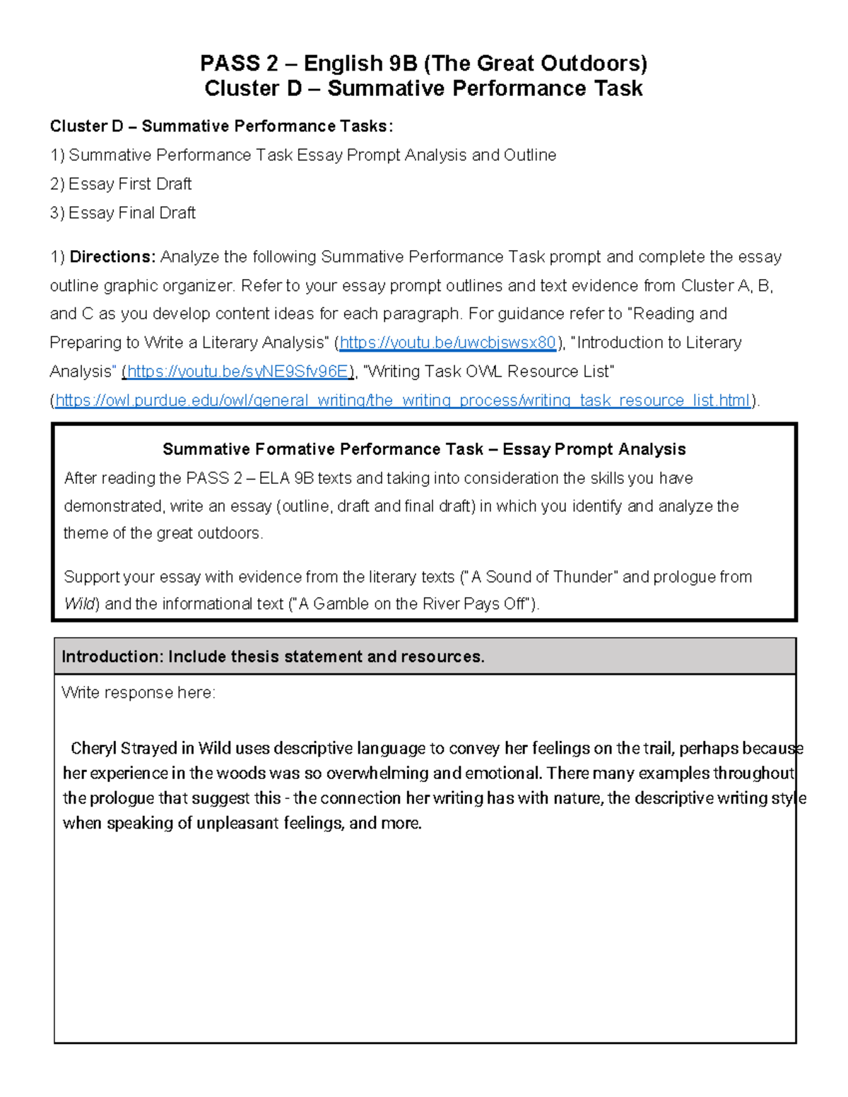 Cluster D - PASS 2 – English 9B (The Great Outdoors) Cluster D ...