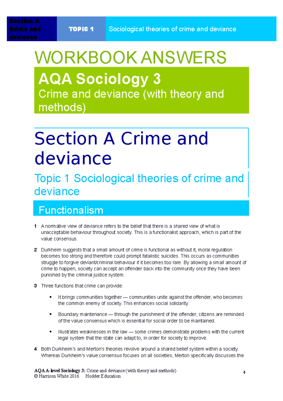 AQA Sociology 3 Workbook Answers - ####### Crime and ####### deviance ...