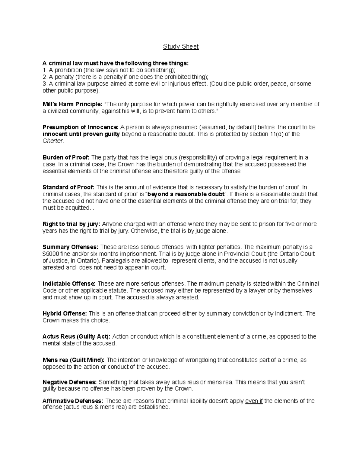 Criminal Law - Study Sheet - Study Sheet A criminal law must have the ...