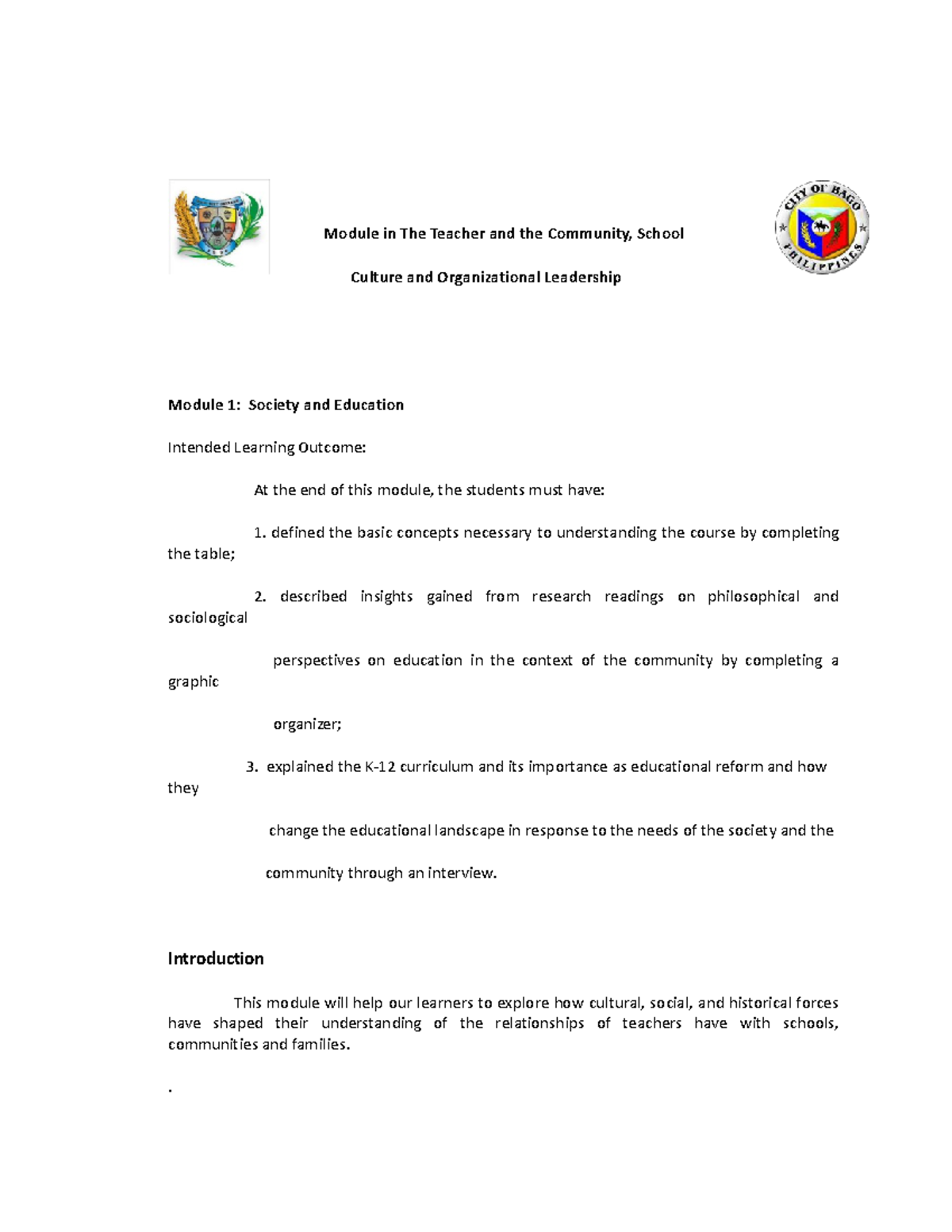 Module in The Teacher and the Community - Introduction This module will ...