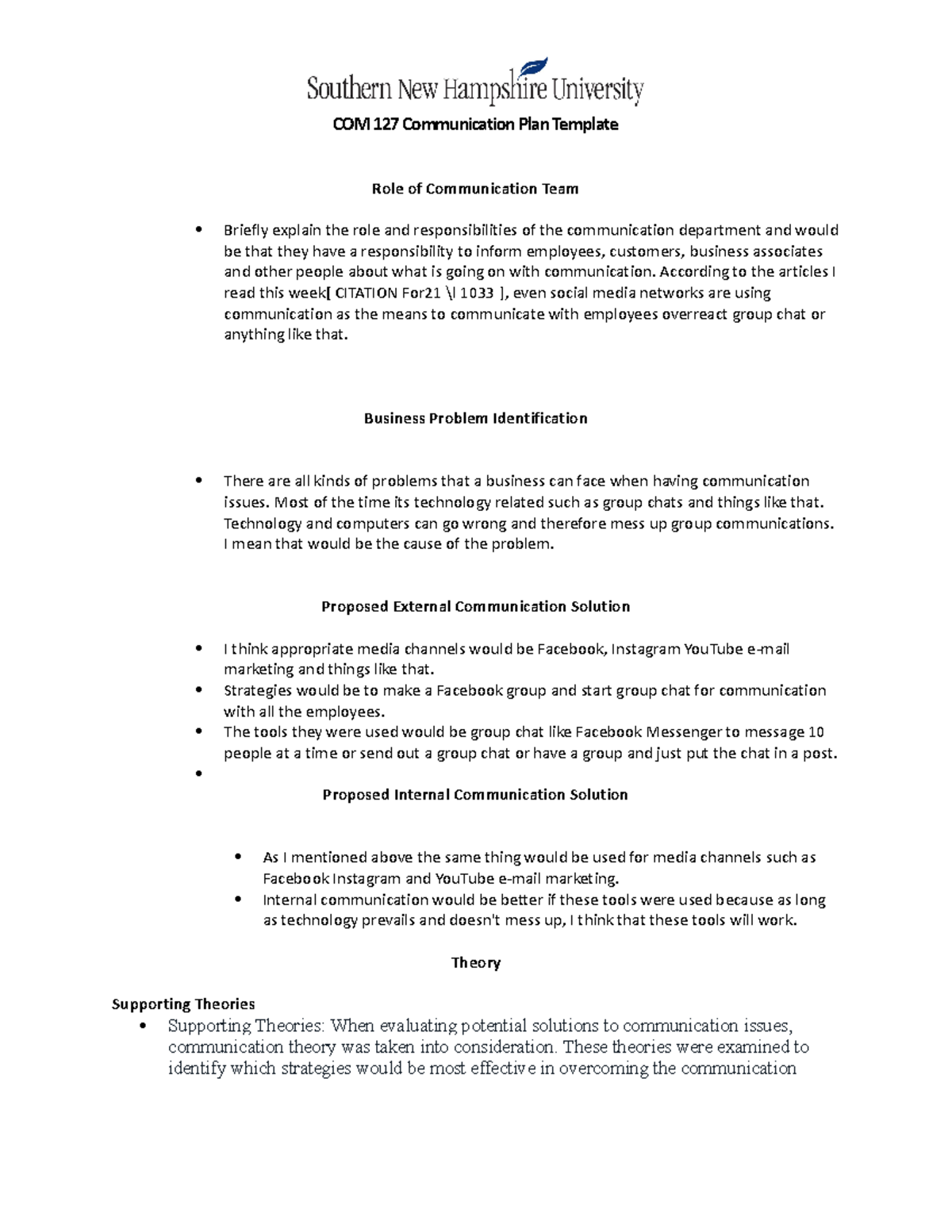 COM 127 Communication Plan Template - COM 127 Communication Plan ...