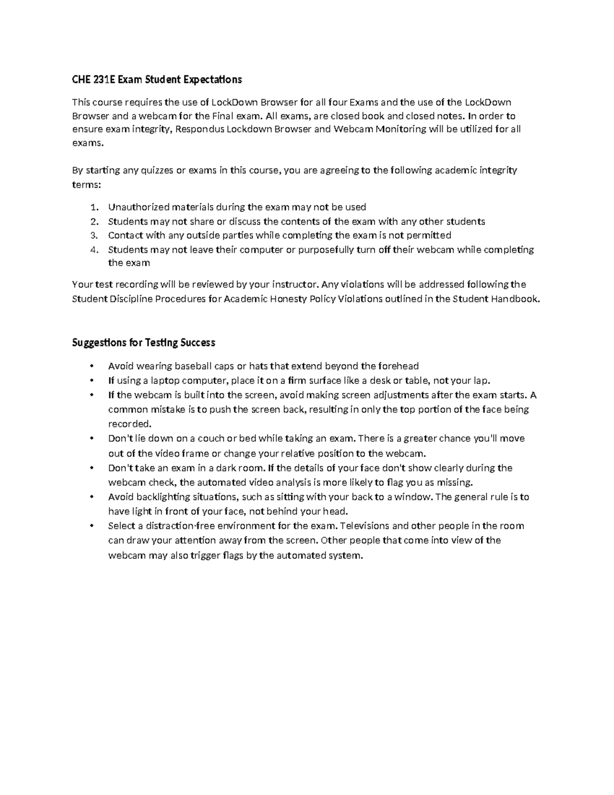 CHE 231E Student Expectations - CHE 231E Exam Student Expectations This ...