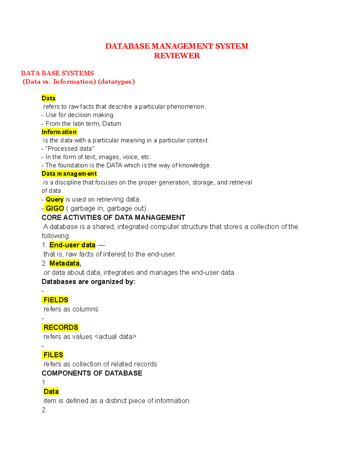 Database Management System - DATABASE MANAGEMENT SYSTEM REVIEWER DATA ...