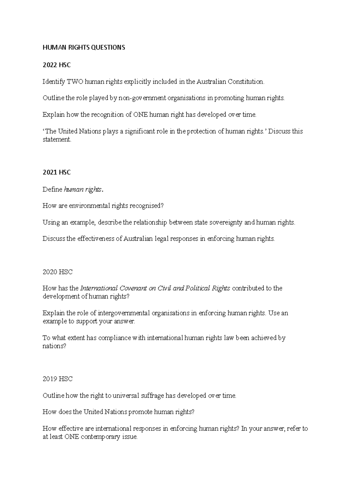 Legal Human Rights Questions - HUMAN RIGHTS QUESTIONS 2022 HSC Identify ...