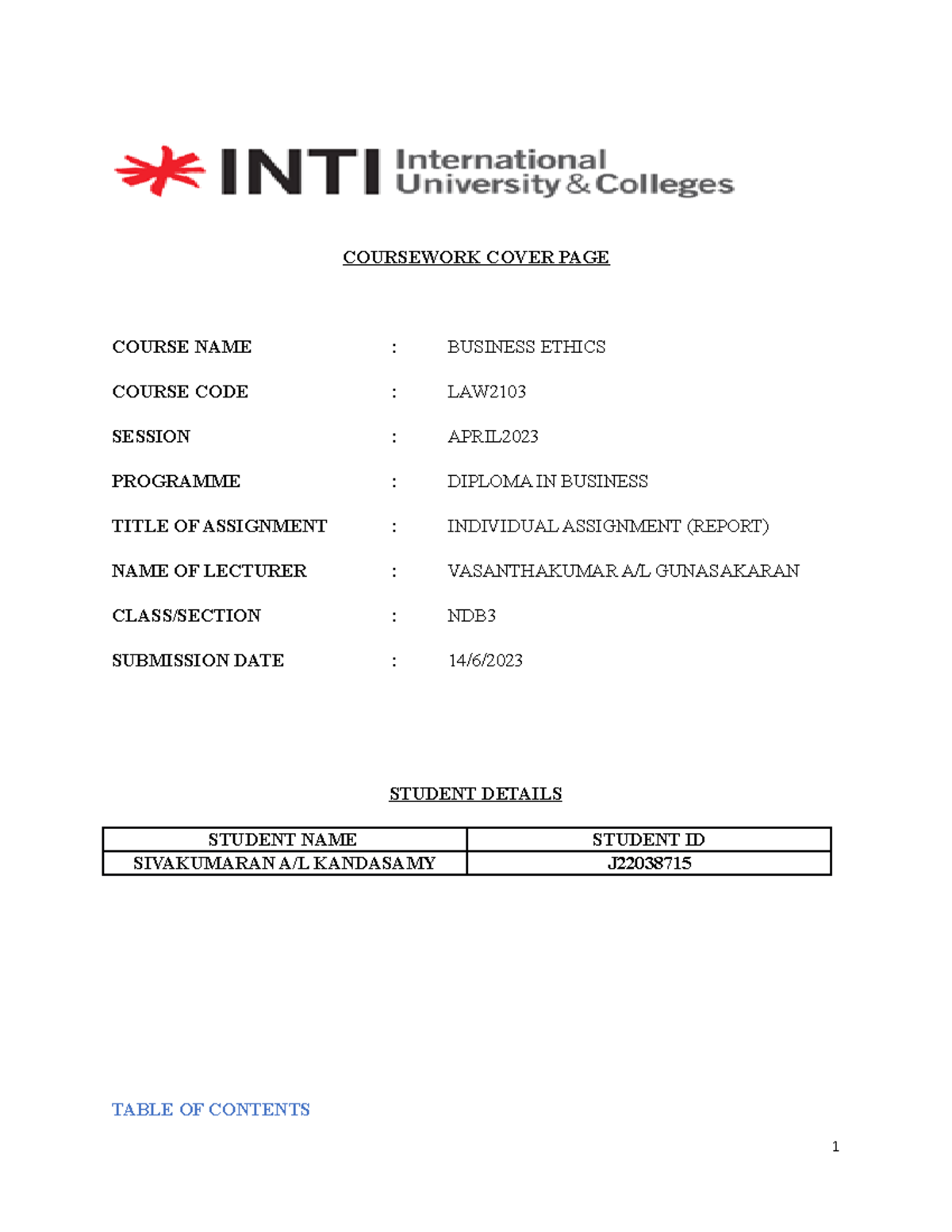 Business Assignment (Individual) - COURSEWORK COVER PAGE COURSE NAME ...