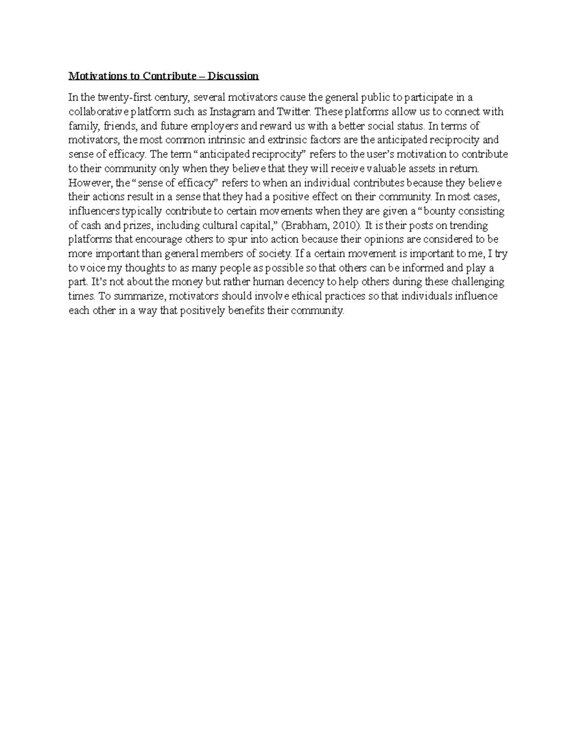 Motivations to Contribute – Discussion - Motivations to Contribute ...