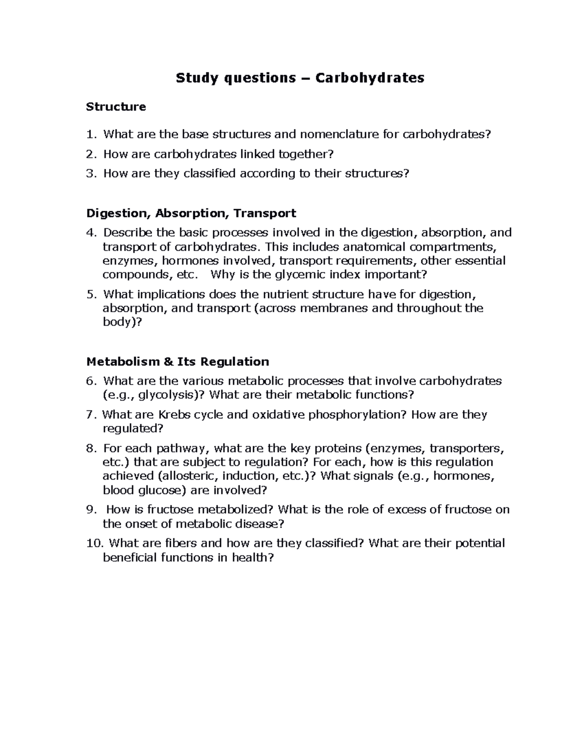 Carbohydrate Study Questions - Study questions – Carbohydrates ...