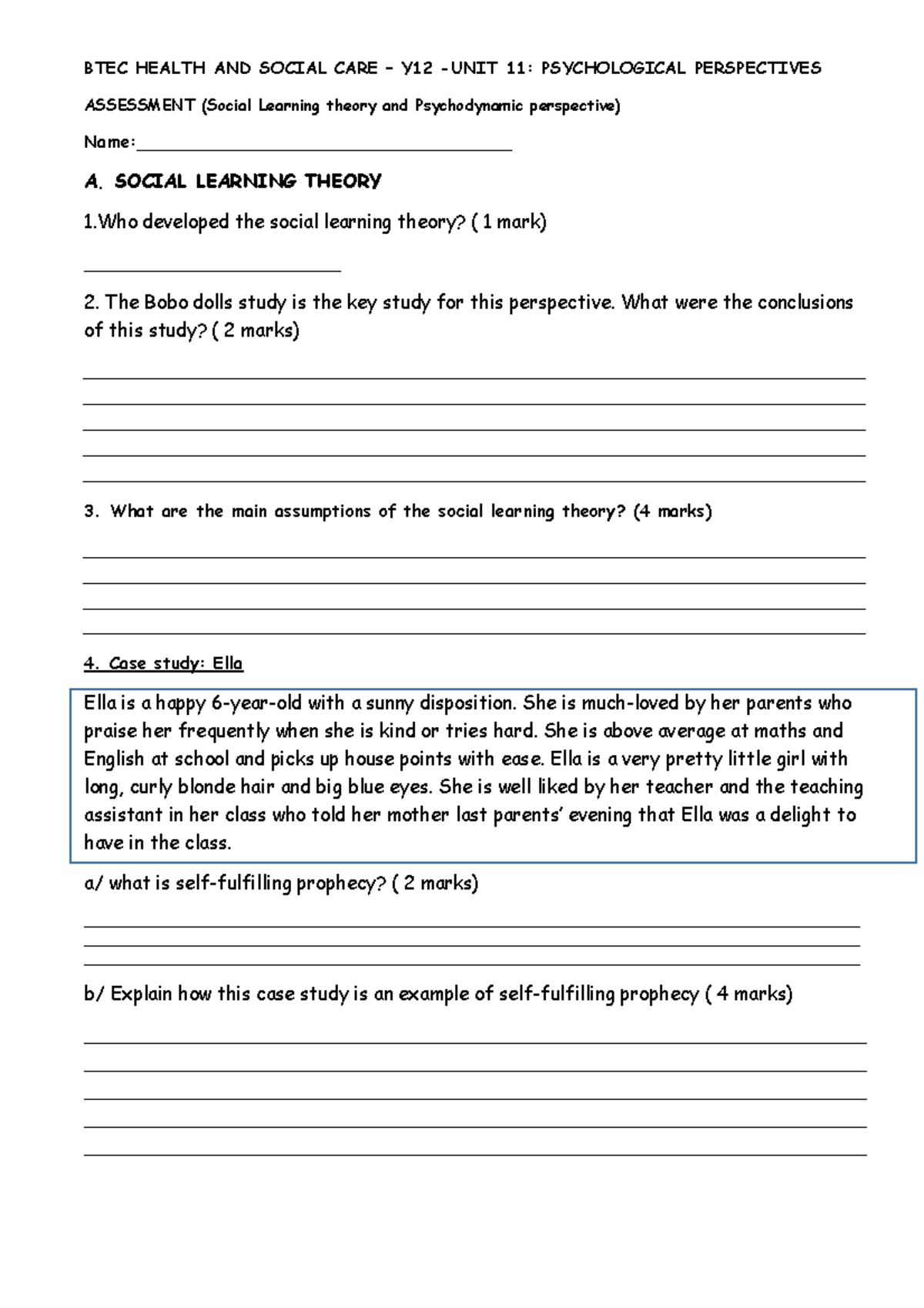 Assessment 2 SLT Psychodynamic TEST - BTEC HEALTH AND SOCIAL CARE – Y12 ...