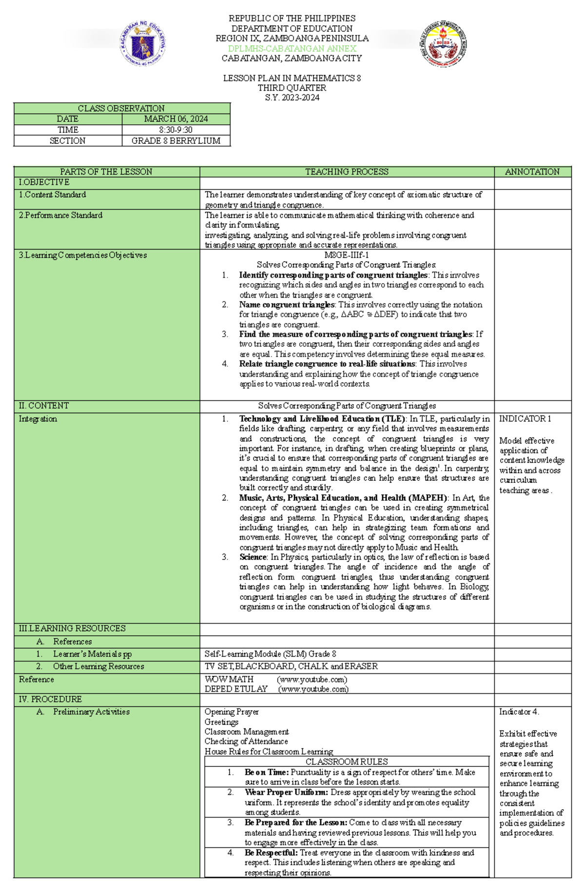 A Classroom Observation Tool for teachers - REPUBLIC OF THE PHILIPPINES ...