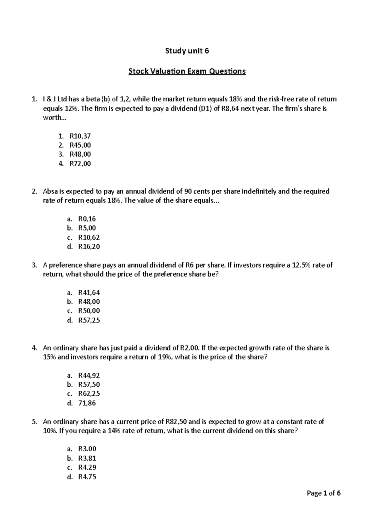 FIN2601 Study Unit 6 Exam Questions - Study unit 6 Stock Valuation Exam ...
