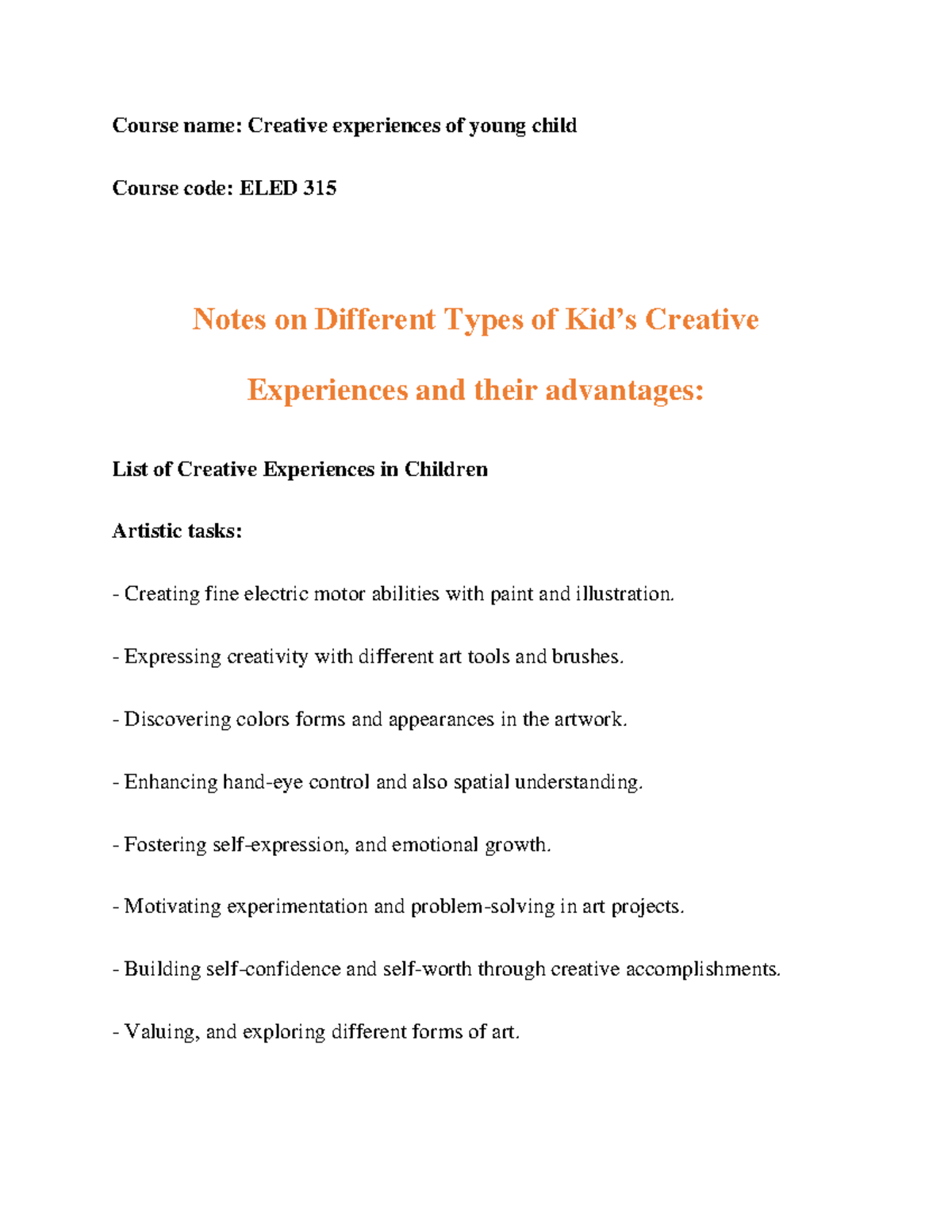 Different types of creative activities for child - Course name ...