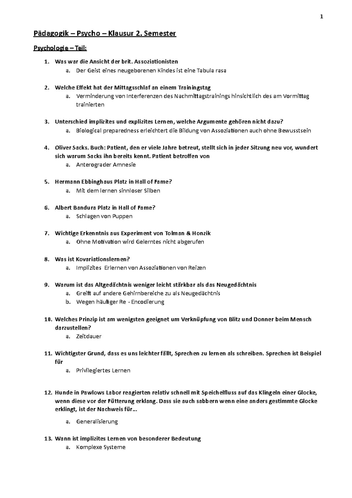 Klausur Sommersemester 2014, Fragen und Antworten - 1 Psycho Klausur 2. Semester Psychologie ...