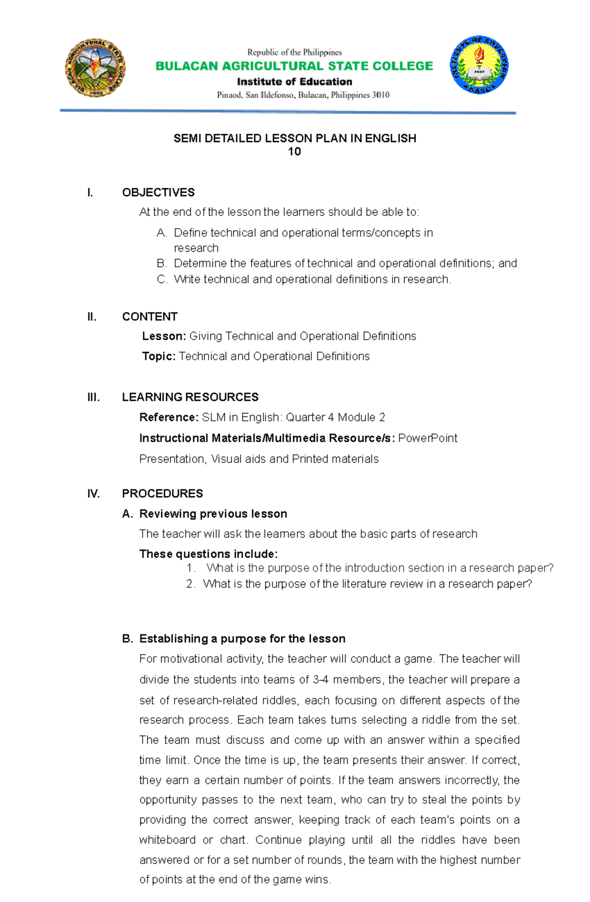 technical and operational definitions - SEMI DETAILED LESSON PLAN IN ...