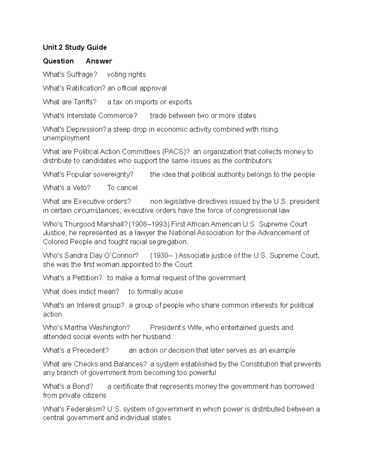 Unit 2 Study Guide - Unit 2 Study Guide Question Answer What's Suffrage ...