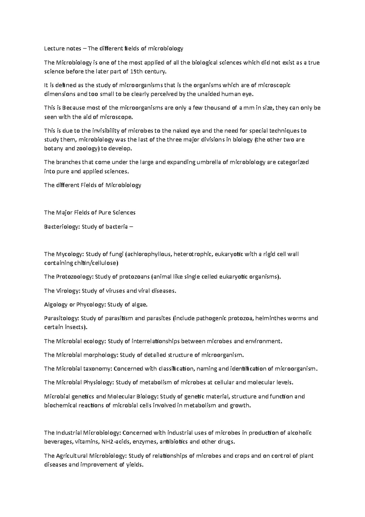Lecture notes – The different fields of microbiology - Lecture notes ...