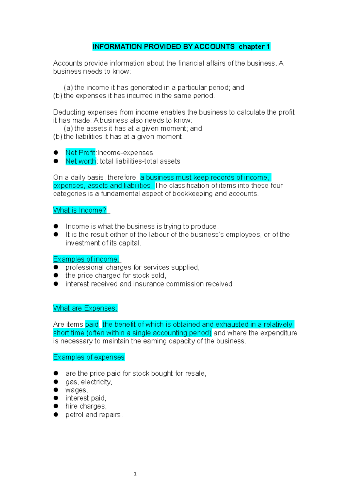 BUSINESS ACCOUNTS SUMMARY - INFORMATION PROVIDED BY ACCOUNTS chapter 1 ...