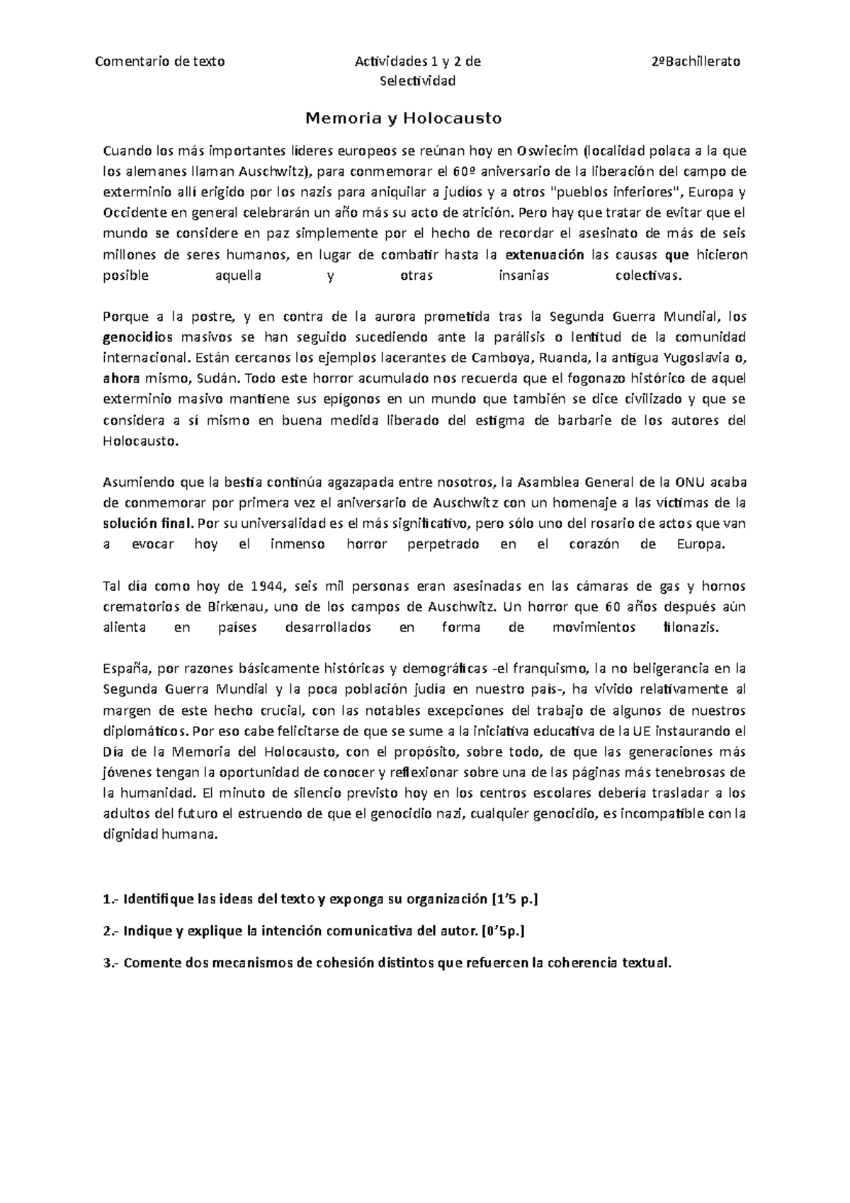 Memoria y holocausto - Actividades 1 y 2 Selectividad total ...